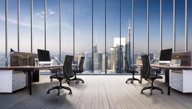 Modern Office Interior with City View and Desks. 3D Rendering Stock ...