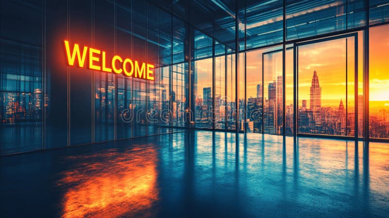 Modern Office Interior with Cityscape View through Large Windows and ...