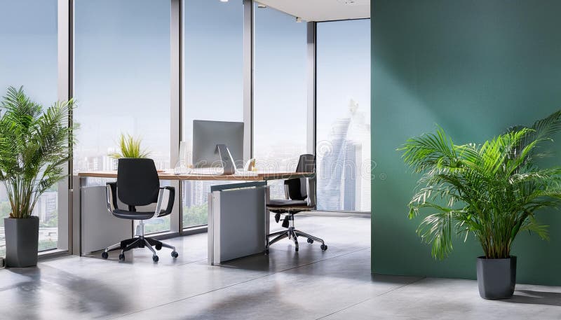 Modern Office Interior with Clear Desk and Plants. 3D Rendering Stock ...