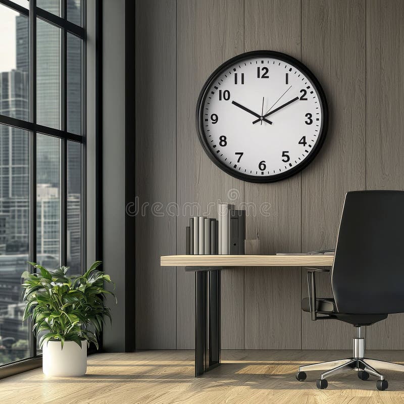 Modern Office Interior with Clock and Financial Symbols on Wall Stock ...