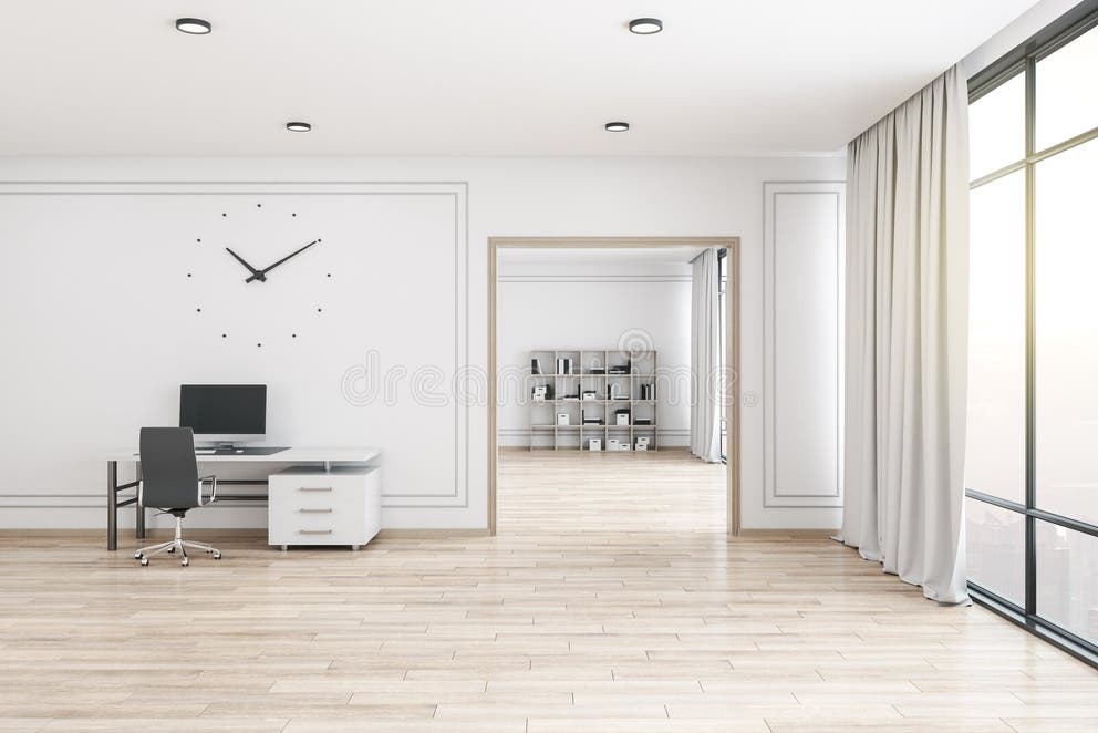 Modern Office Interior with Clock on Wall and Computers Stock ...