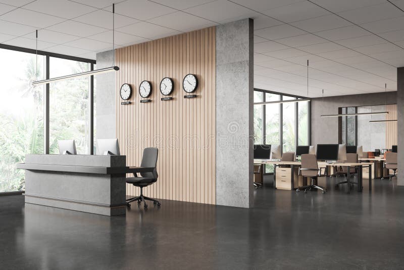 Modern Office Interior with Clocks and Reception Desk. 3D Rendering ...