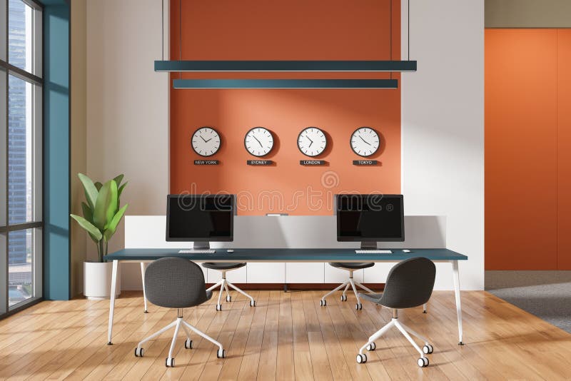 Modern Office Interior with Clocks Showing Different Time Zones. 3D ...