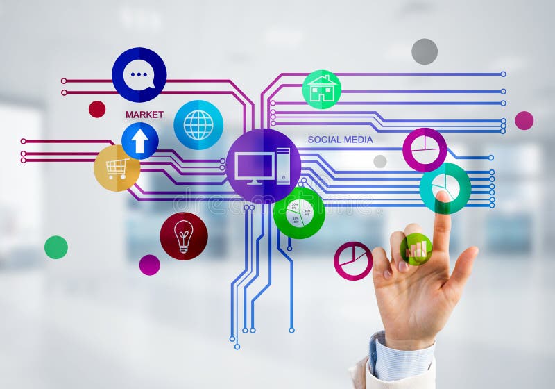 Modern Office Interior and Close of Businesswoman Hand Choosing Icon on ...