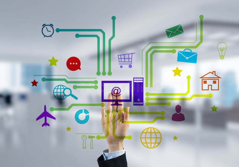 Modern Office Interior and Close of Businesswoman Hand Choosing Icon on ...