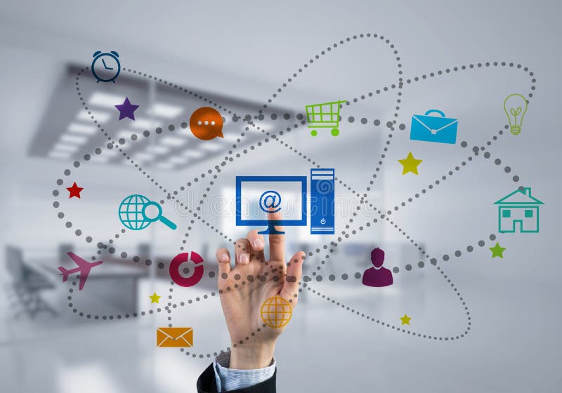 Modern Office Interior and Close of Businesswoman Hand Choosing Icon on ...