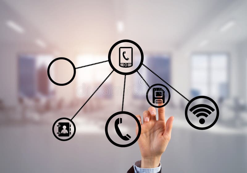 Modern Office Interior and Close of Businesswoman Hand Choosing Symbol ...