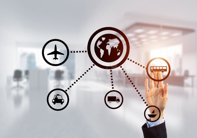 Modern Office Interior and Close of Businesswoman Hand Choosing Symbol ...