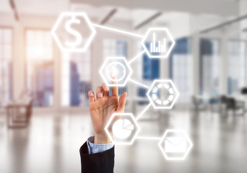 Modern Office Interior and Close of Businesswoman Hand Choosing Symbol ...