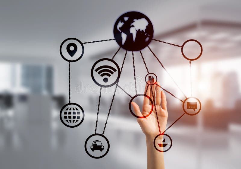 Modern Office Interior and Close of Businesswoman Hand Choosing Symbol ...