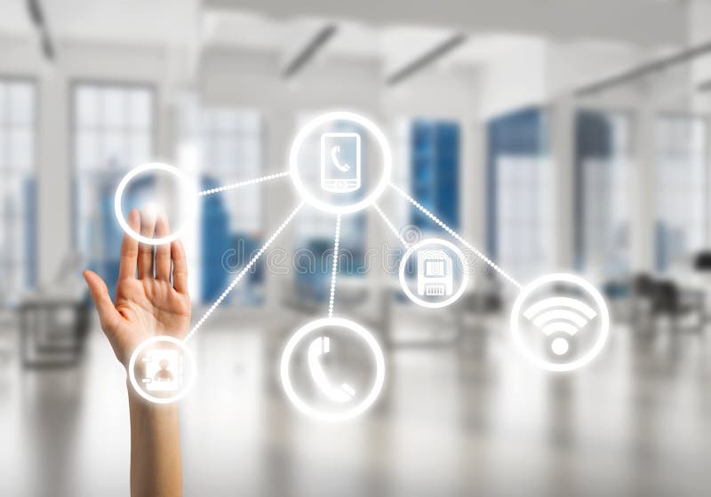 Modern Office Interior and Close of Businesswoman Hand Choosing Symbol ...