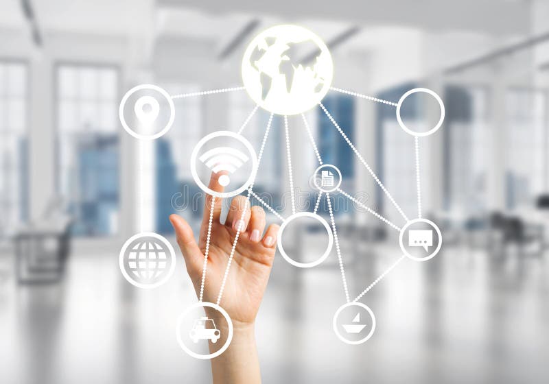 Modern Office Interior and Close of Businesswoman Hand Choosing Symbol ...