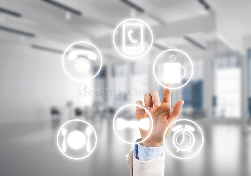 Modern Office Interior and Close of Businesswoman Hand Choosing Symbol ...