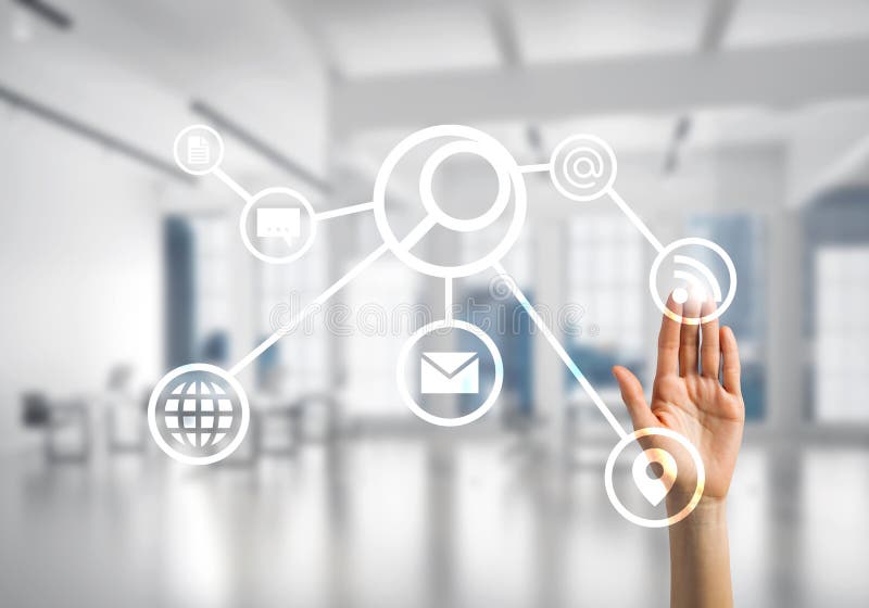 Modern Office Interior and Close of Businesswoman Hand Choosing Symbol ...