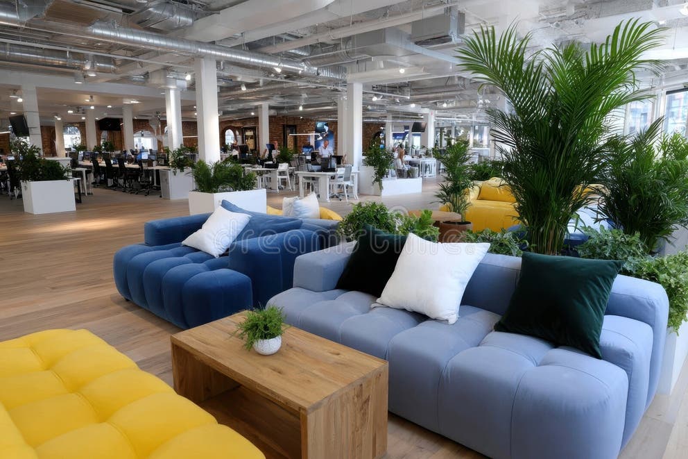 Modern Office Interior with Colorful Seating and Greenery in a Spacious ...