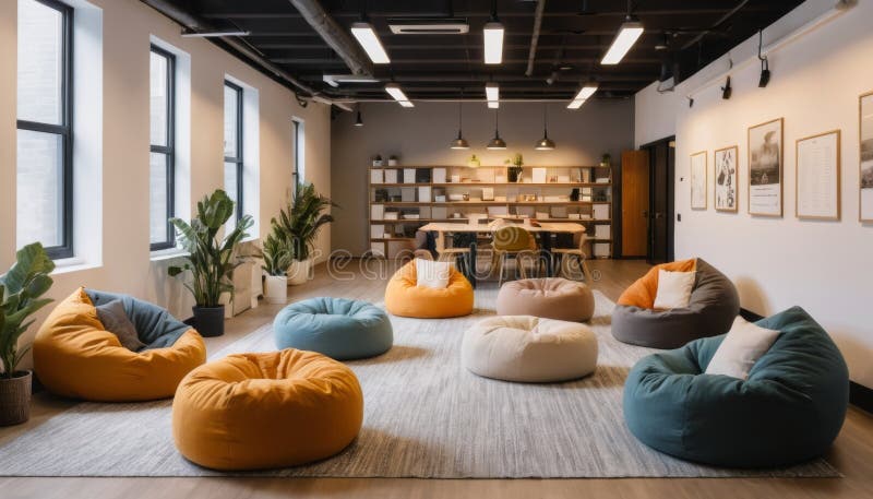 Modern Office Interior with Bean Bag Chairs and Large Windows AI ...