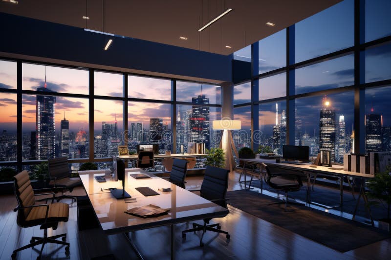 Modern Office Interior with Computers and City View Stock Illustration ...
