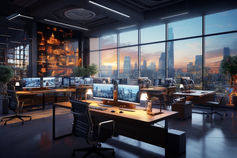Modern Office Interior with Computers and City View Stock Illustration ...