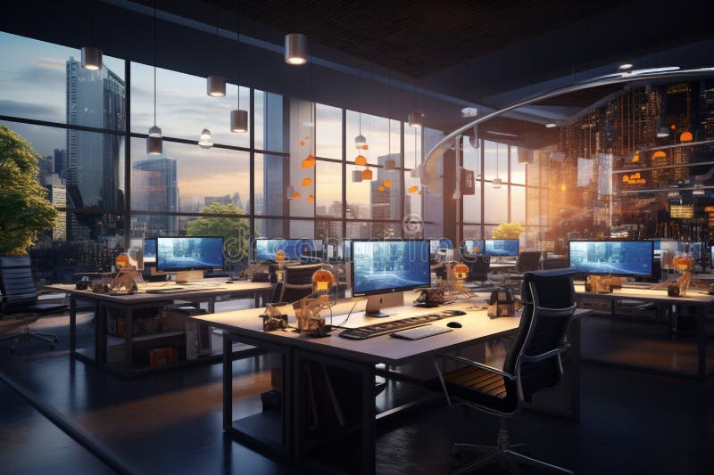 Modern Office Interior with Computers and City View Stock Illustration ...