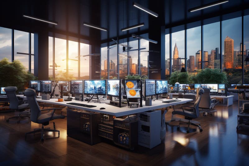 Modern Office Interior with Computers and City View Stock Illustration ...