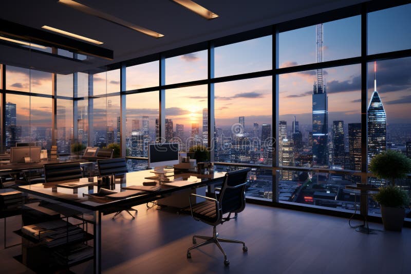 Modern Office Interior with Computers and City View Stock Illustration ...