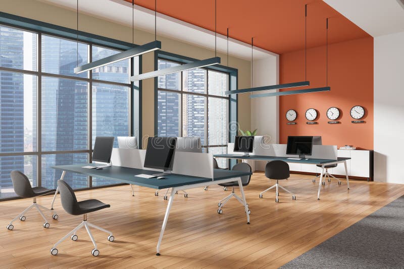 Modern Office Interior with Computers and City View. 3D Rendering Stock ...