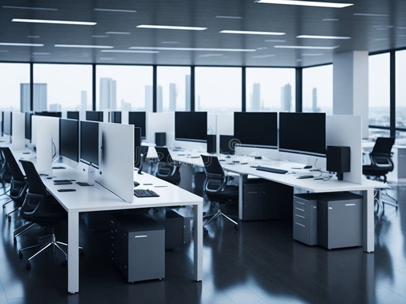 Modern Office Interior with Computers and City View. Stock Illustration ...