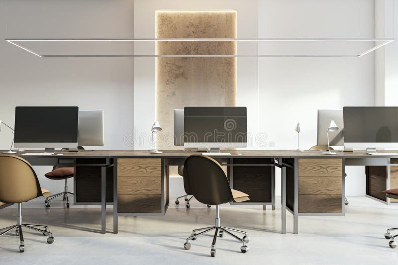 Modern Office Interior with Computers on Desks, Minimalist Design ...