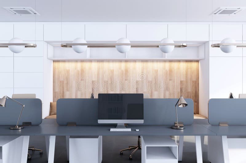 Modern Office Interior with Computers on Desks, White Walls, and Wooden ...