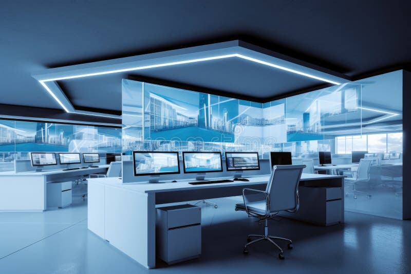 Futuristic Office Interior with Holograms. Generative AI Stock Image ...