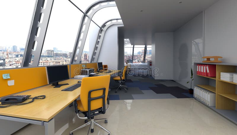 Modern Office Interior with Curved Glass Windows Stock Illustration ...