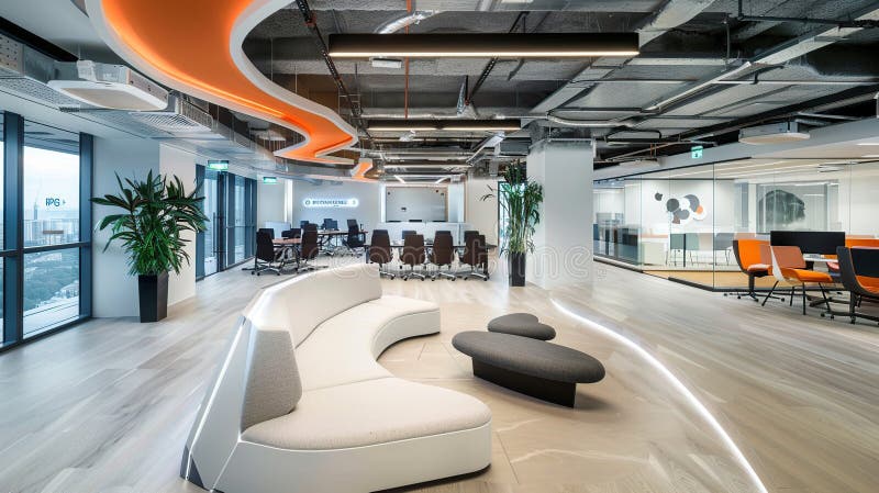 Modern Office Interior with Curved Lighting Stock Illustration ...