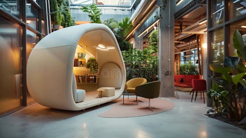 Modern Office Interior with Curved White Pod and Green Plants Stock ...