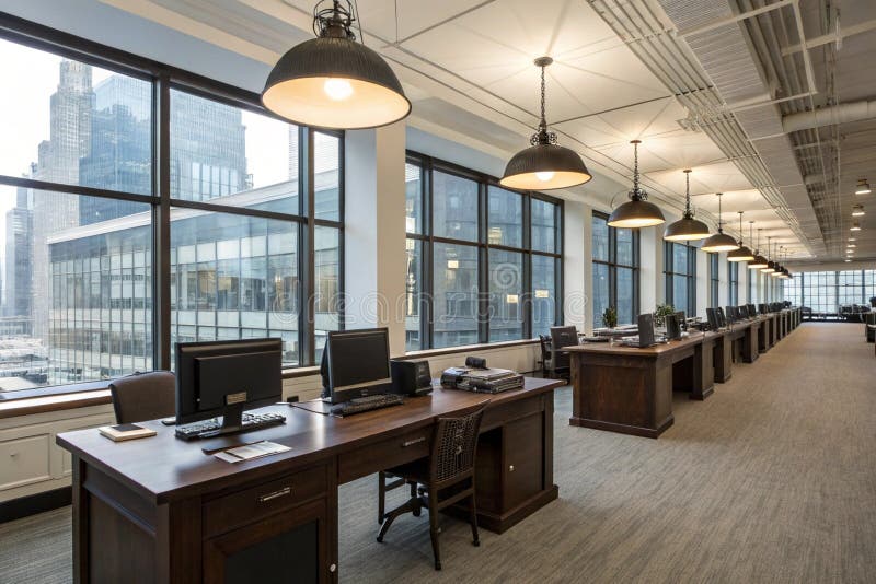 Office Interior with Dark Wood Tables and Large Windows Stock ...
