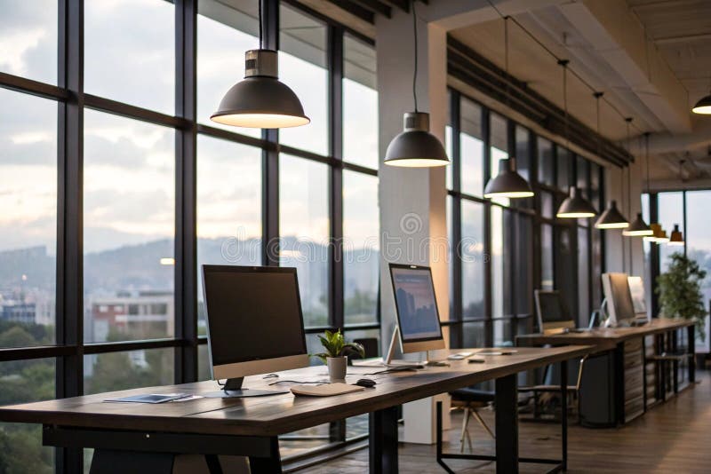 Office Interior with Dark Wood Tables and Large Windows Stock ...