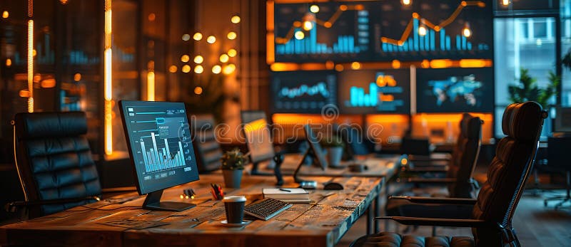 Modern Office Interior with Data Analytics Screens Stock Illustration ...