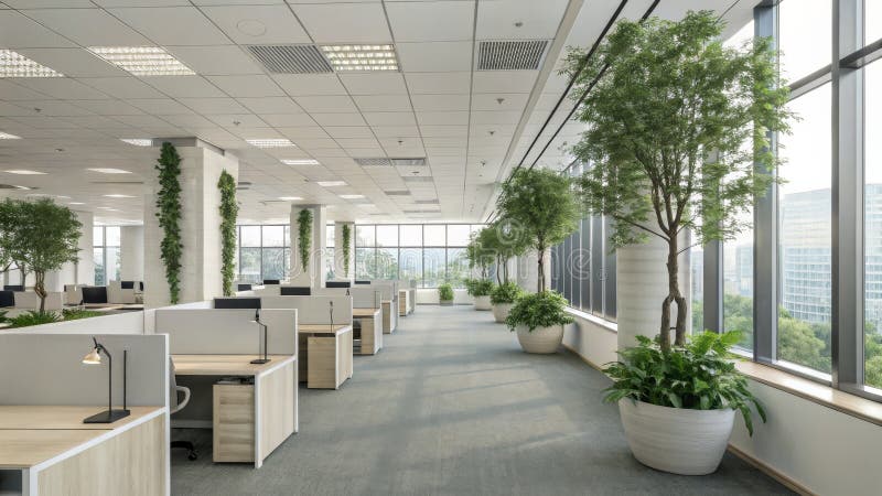 Modern Office Interior Design with Plants, Top View Perspective ...