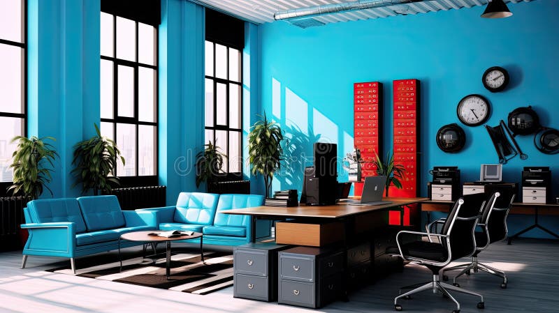 Modern Office Interior Design with Blue Walls, Wooden Floor, Rows of ...
