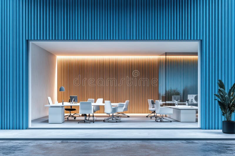 Modern Office Interior Design Blue and Wood Accents Stylish Workspace ...