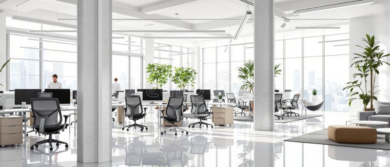 Modern Office Interior Design, Bright Workspace with Large Windows and ...
