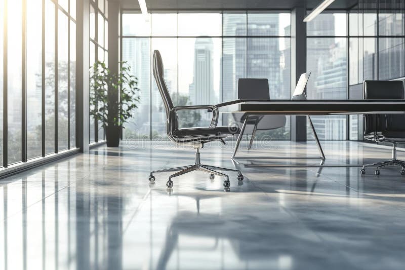 Modern Office Interior Design with City View and Desk Chair, Sunlight ...