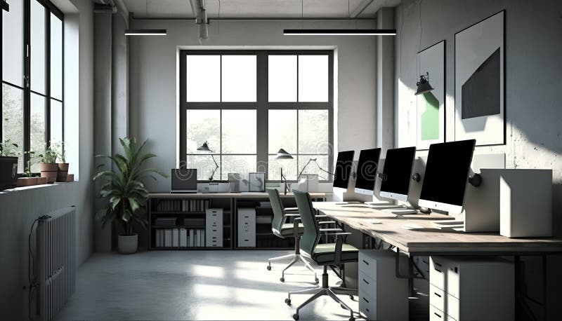Modern Office Interior Design, 3d Render Concept of Work Space with ...