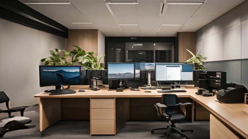 Modern Office Interior Design with Desk, Computers and Plants Stock ...