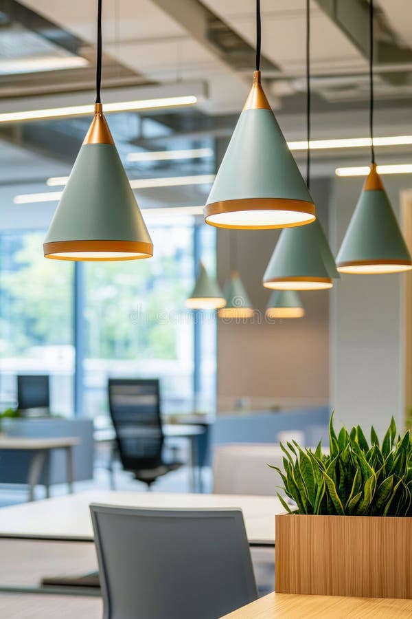 Modern Office Interior Design Featuring Stylish Hanging Lamps and ...