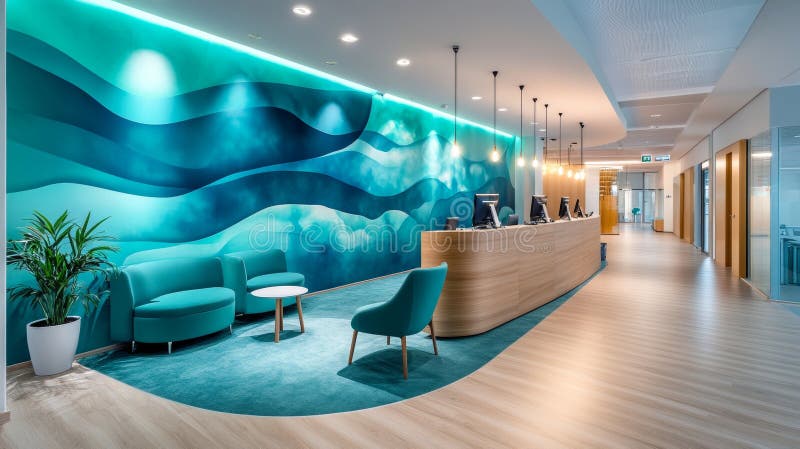 Modern Office Interior Design, Featuring a Teal and Wooden Reception ...