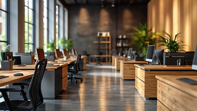 Modern Office Interior Design Featuring Wooden Desks, Technology, and ...