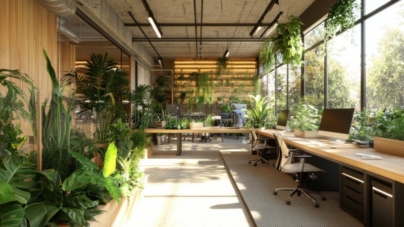 Modern Office Interior Design with Greenery Plant Stock Illustration ...
