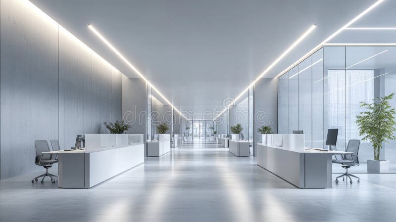 Modern Office Interior Design with Grey Walls and Linear Lighting Stock ...