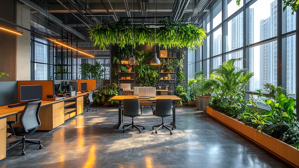 Modern Office Interior Design with Plants and Natural Light Workspace ...