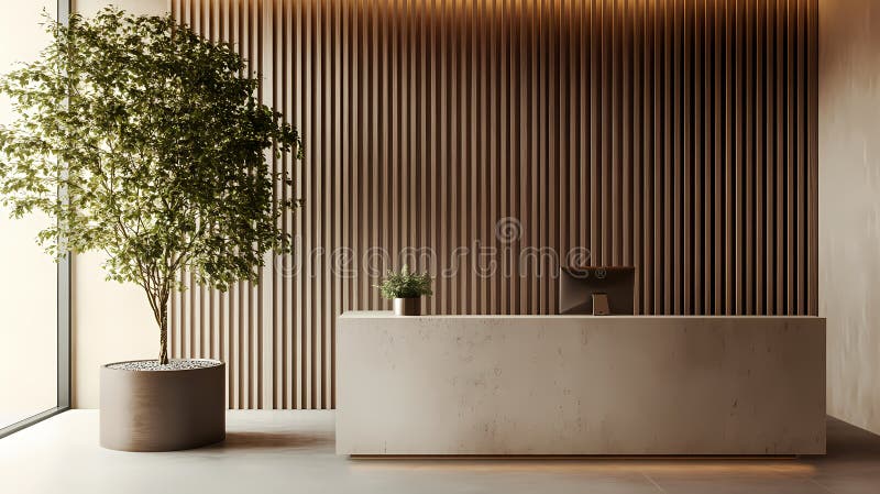 Modern Office Interior Design with Reception Desk and Decorative Tree ...